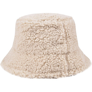 ChezAbbey Faux Fur Bucket Hat, Fuzzy Furry Winter Warm Fisherman Cap, Fluffy Teddy Sherpa Clothe Hats for Women Men Girls Beige