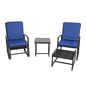 5-Piece Wicker Outdoor Conversation Sets Patio Furniture PE Rattan All Weather Cushioned Chairs Bistro Set with Ottoman and Glass Coffee Side Table for Balcony Porch, Dark Blue