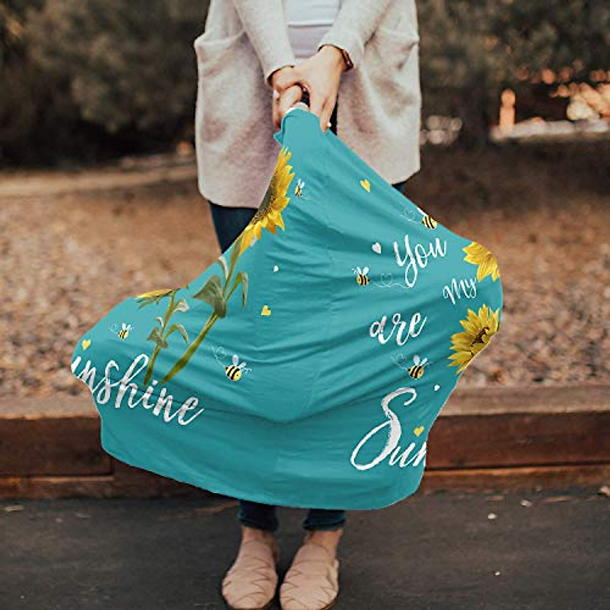 Sunflowers Baby Car Seat Covers, Nursing Cover Breastfeeding Scarf/Shawl, Infant Carseat Canopy, Stretchy Soft Breathable Multi-use Cover Ups, Bees You are My Sunshine Teal