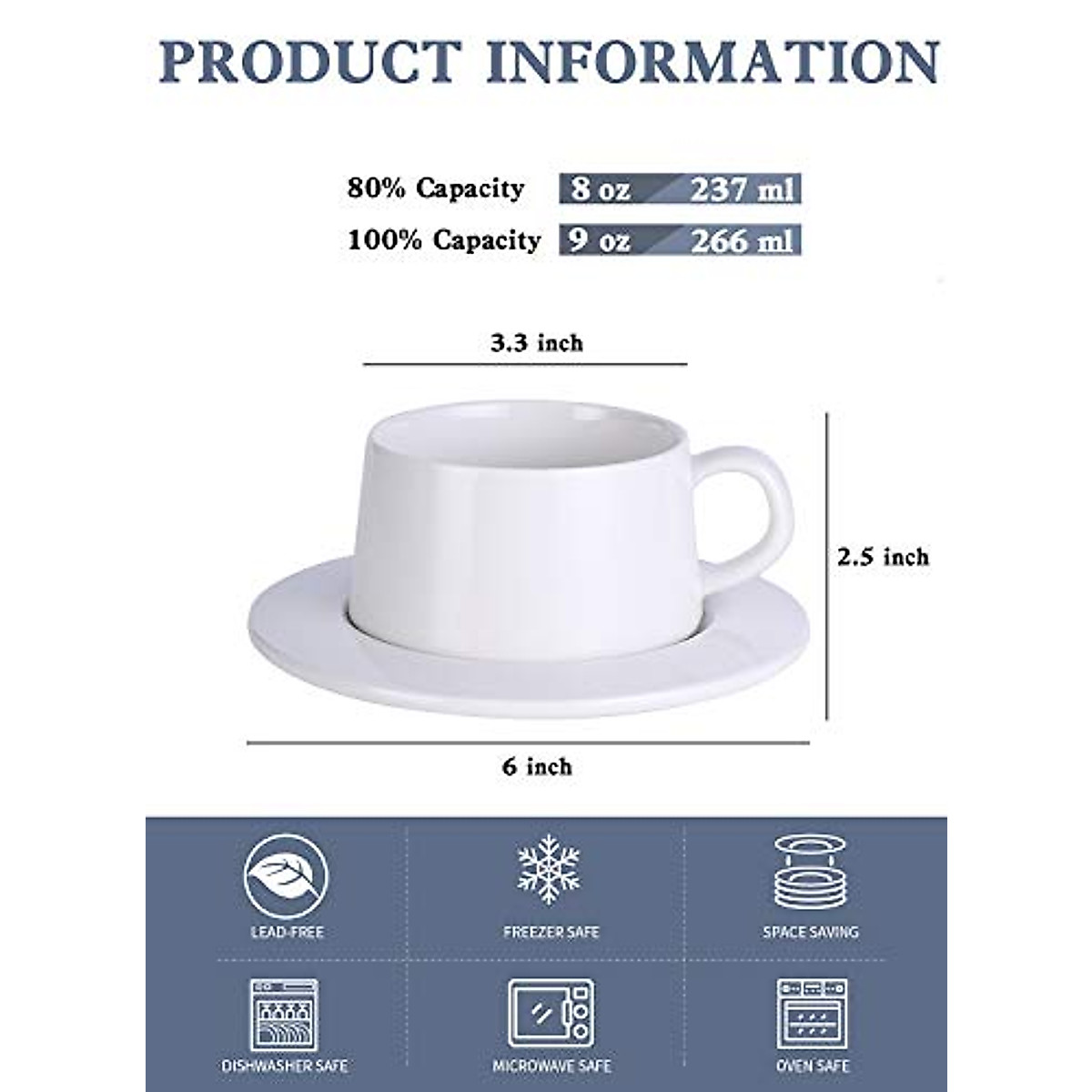 Kanwone Porcelain Stackable Cappuccino Cups with Saucers - 8 Ounce for Specialty Coffee Drinks, Cappuccino, Latte, Americano and Tea - Set of 4, White