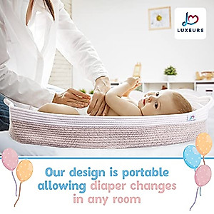 LUXEURS Diaper Changing Basket - Shelf Basket - Extra Large in Size - Cotton Rope Changing Table Topper Storage Basket, Thick Foam Pad with Removable Cotton Cover - Storage Bag