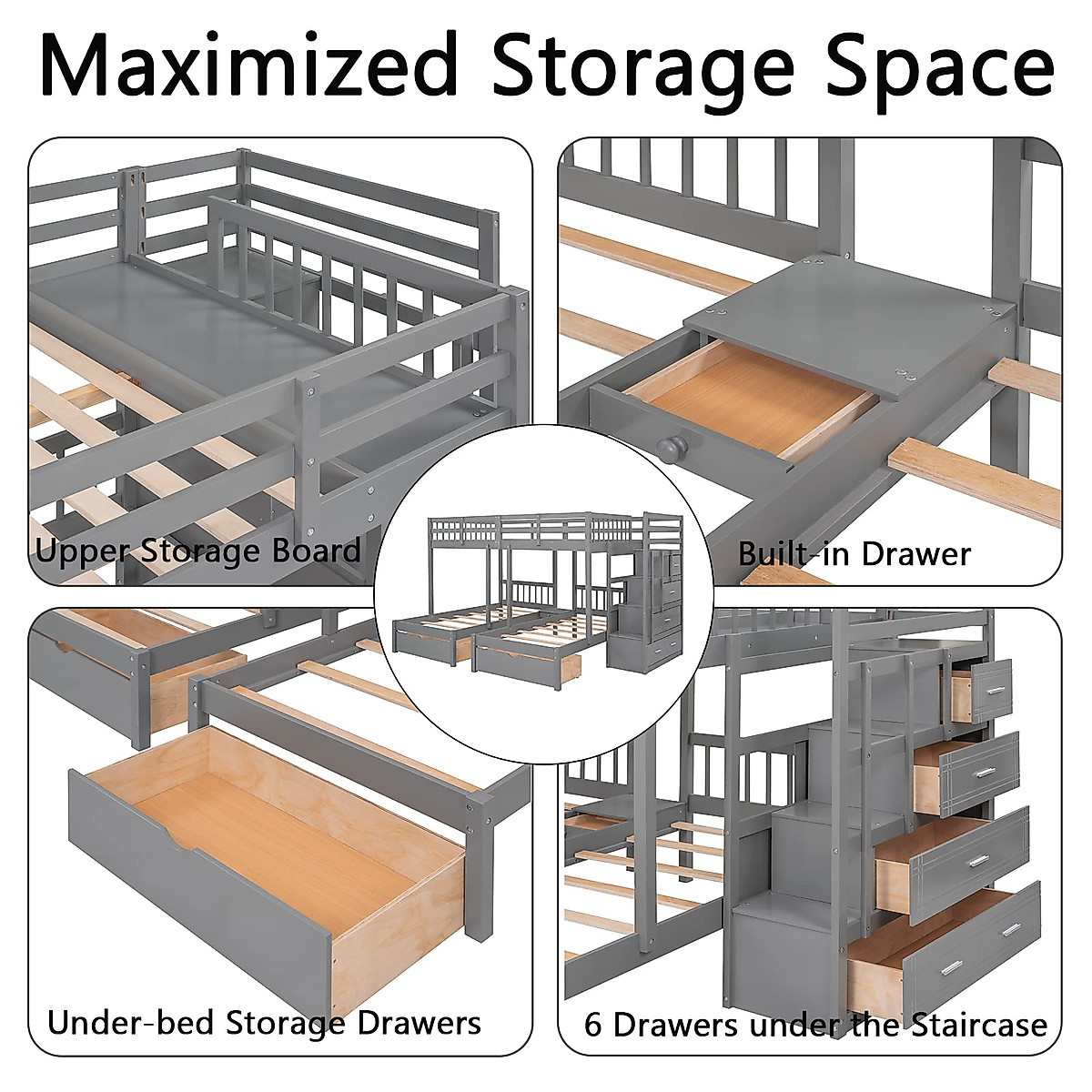 Harper & Bright Designs Triple Bunk Beds with Drawers, Wood Full Over Twin & Twin Bunk Bed with Storage Staircase, Triple Bed for Kids,3 Bed Bunk Beds with Storage for Girls Boys,Grey