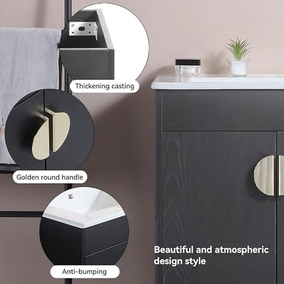 QuixotYDDZ 24 Inch Modern Freestanding Solid Wood Bathroom Cabinet, Bathroom Vanity with Ceramic Sink Combo, Bath Cabinet with 2 Doors and Open Shelf for Small Space, Solid Wood, Black