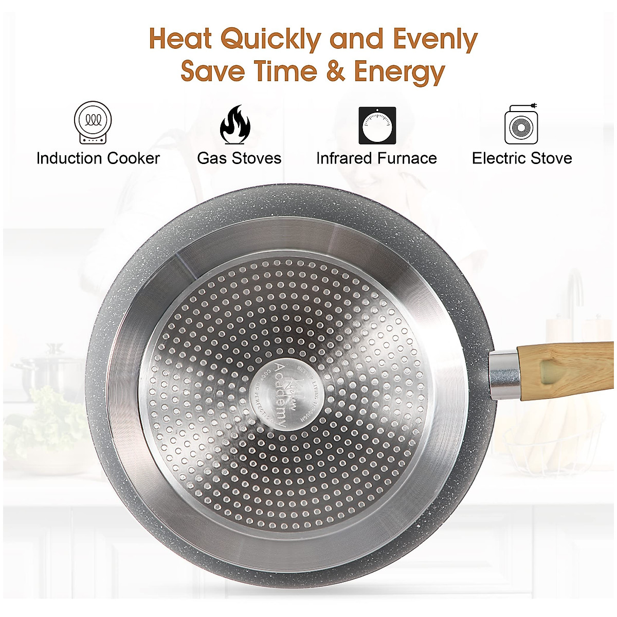 Kitchen Academy Granite Nonstick Cookware Set - 17 Piece Gray Cooking Pans Set, Induction Pots and Pans Set Non Stick, PFOA & PFOS Free.