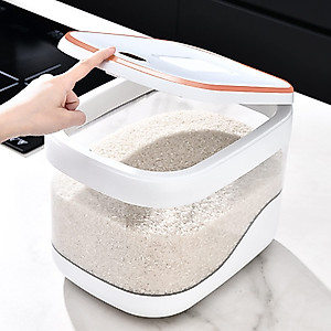 Grain Dispenser, Press Type Rice Bucket Large Capacity Rice Storage Container Dry Food Dispenser with Measuring Cup, Rice Holder Bin Rice Canister for Rice Cereal Flour Snacks (10KG)