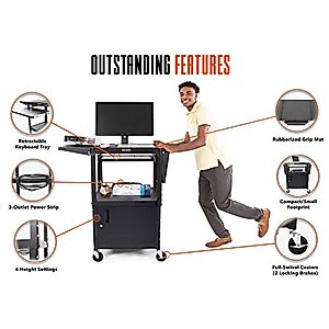Line Leader AV Cart with Locking Cabinet and Drop Leaves | Height Adjustable Utility Cart with Extra Storage | Power Strip and Cord Management | Great for Presentations (Black / 46 x 18)