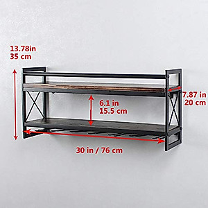 OISSIO Industrial Stemware Rack,Wine Rack Wall Mounted with Wood Shelves,2 Tier Stemware Storage with 7 Stem Glass Holder for Wine Glasses,Mugs,Home Decor,Retro Black(30 inch)