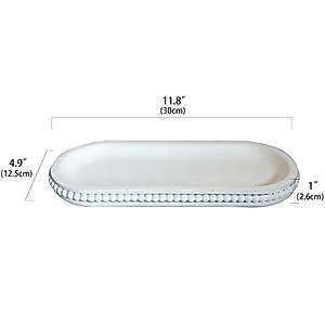 dwellington Wooden Farmhouse Decorative Tray, 12in Rustic Beaded Tray for Living Room Decor, Kitchen Table Décor, Oval Coffee Table Serving Tray (White)