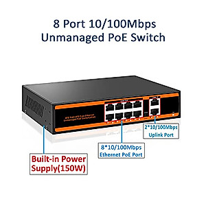 YIDUOYUNCAI 10 Ports PoE Switch,8*100Mbps Port PoE+2*100Mbps UpLink Port,150W Built-in Power,802.3af/at,Metal Fanless,Extend to 250Meter,WallMount,Unmanaged Plug and Play
