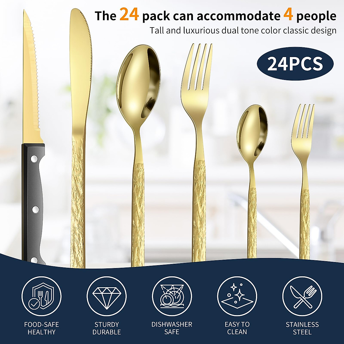 Premium 24-Piece Stainless Steel Cutlery Set with Steak Knives - Golden Silverware Set for Elegant Dining Experience