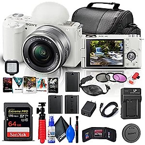 Sony ZV-E10 Mirrorless Camera with 16-50mm Lens (White) (ILCZV-E10L/W) + 64GB Card + Filter Kit + Corel Photo Software + Bag + 2 x NPF-W50 Battery + External Charger + Card Reader + More (Renewed)