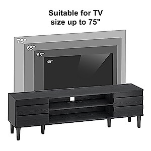 IRONCK TV Stand for 75 inch TV, Mid Century Modern TV Stand with Charging Station and LED Light, TV Console Table, Entertainment Center with Storage for Living Room, Bedroom (68”, Black)