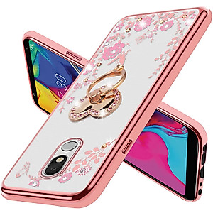 LG Stylo 5 Case,Glitter Crystal Butterfly Heart Floral Cute for Girls Women,Stylo 5 Plus/Stylus 5/LG Stylo 5V/LG Stylo 5X Case Slim Soft TPU Clear Case with Ring Stand for LG Stylo 5 (Rose Gold)