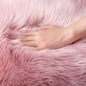 Ashler Home Deco Soft Faux Sheepskin Fur Rug Pink Fluffy Area Rug & Throw Pillow Covers with Pom