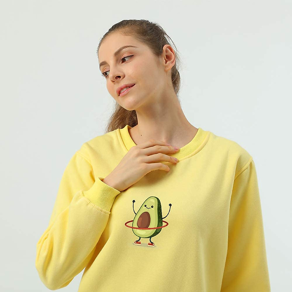 KEEVICI Popular Cartoon Cute Avocado Print O-neck Cotton Casual Pollover Sweatshirt (Yellow,L)