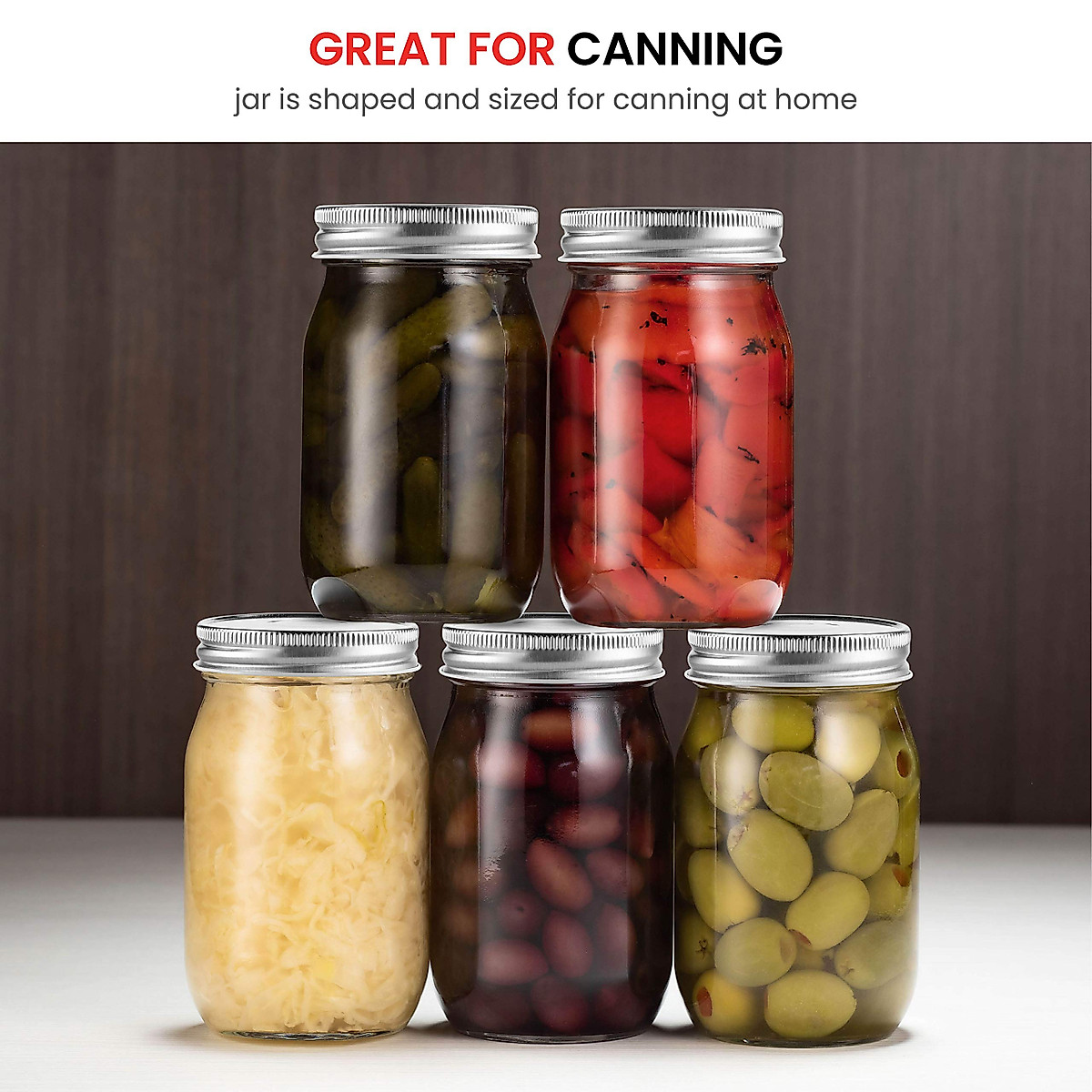 Glass Regular Mouth Mason Jars, 16 Ounce (4 Pack) Glass Jars with Silver Metal Airtight 1 Piece Lids for Meal Prep, Food Storage, Canning, Drinking, Overnight Oats, Jelly, Dry Food, Salads, Yogurt