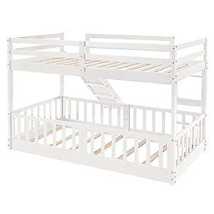 FIQHOME Twin Over Twin Bunk Bed with Slide and Ladder,Floor Bunk Bed for Kids Toddlers, Wood Low Bunk Beds Frame with Ladder and Fence for Boys Girls Teens,White