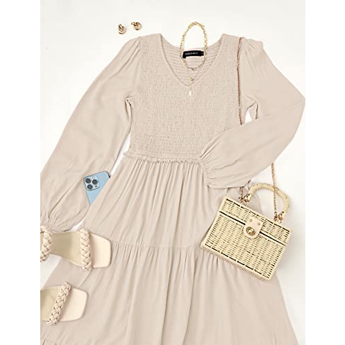 MEROKEETY Women's Long Sleeve Smocked Fall Dress A Line Tiered Midi Maxi Dress with Pockets,Beige,M