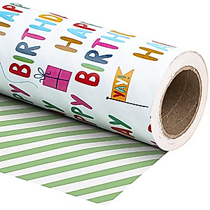 WRAPAHOLIC Reversible Birthday Wrapping Paper - 30 Inch X 100 Feet Jumbo Roll Colorful Happy Birthday Lettering Design, Perfect for Birthday, Party, Baby Shower and More Occasions
