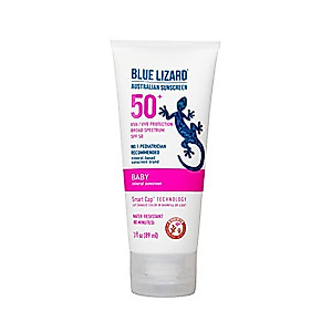 BLUE LIZARD Baby Mineral Sunscreen with Zinc Oxide, SPF 50+, Water Resistant, UVA/UVB Protection with Smart Cap Technology - Fragrance Free, 3 Ounce Tube