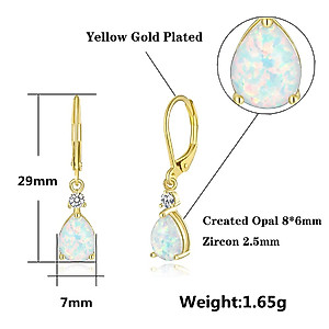CiNily Small Gold Dangle Earrings Opal Leverback Drop Earrings for Women 14K Yellow Gold Plated Teardrop Gemstone Earrings