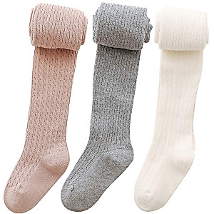 vanberfia Baby Girls Tights Cable Knit Leggings Stockings Cotton 3 Pack Pantyhose Infants Toddlers 2-10T (CLL10205, 4-6T)