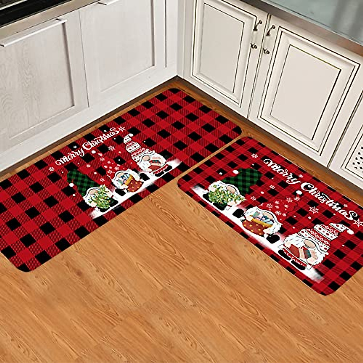 Perdecor Kitchen Rugs and Mats Water Absorbent Non Skid Gnomes Santa Snowflake Red Black Buffalo Plaid Ugly Print, 20210910-GYT-PER001SLXM10373MDEAPED, 15.7x23.6 inch+15.7x47.2 inch