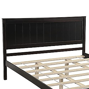 Queen Size Platform Bed with Headboard, Wooden Platform Bed Frame with Sturdy Slat Support for Kids Teens Boys Girls Bedroom, No Box Spring Required (Espresso + Pine-4)