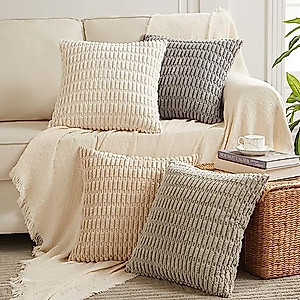 Fancy Homi 4 Packs Neutral Decorative Throw Pillow Covers 18x18 Inch for Living Room Couch Bed Sofa, Rustic Farmhouse Boho Neutral Home Decor, Soft Plush Striped Corduroy Square Cushion Case 45x45 cm