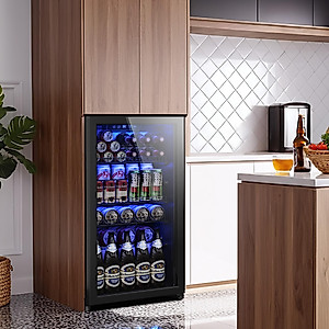 3.2 Cu.Ft Beverage Fridge, Mini Fridge With Glass Door, Beverage Cooler Refrigerator, Wine Drink Beer Fridge, Adjustable Shelves & Digital Temperature Display, 26 Bottle 128 Can