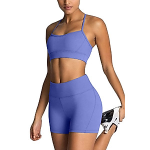 IMEKIS Workout Sets for Women 2 Piece Yoga Outfit: Tracksuits High Waisted Running Biker Shorts with Adjustable Strap Sport Bra Exercise Running Clothes Athletic Gym Sets Matching Active Wear Blue S