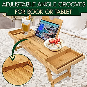 SereneLife Bath Caddy Breakfast Tray Combo - Natural Bamboo Wood Waterproof Bath Tub Caddy and Bed Tray with Folding Slide-Out Arms, Device Grooves, Wine Glass and Soap Holder SLBCAD50.5 , Brown