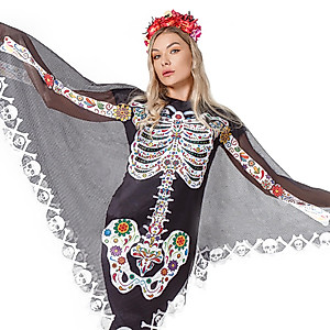 WATCPNO Halloween Skeleton Poncho for Women Day of The Dead Skeleton Costume Lace Skeleton Cape Shawl