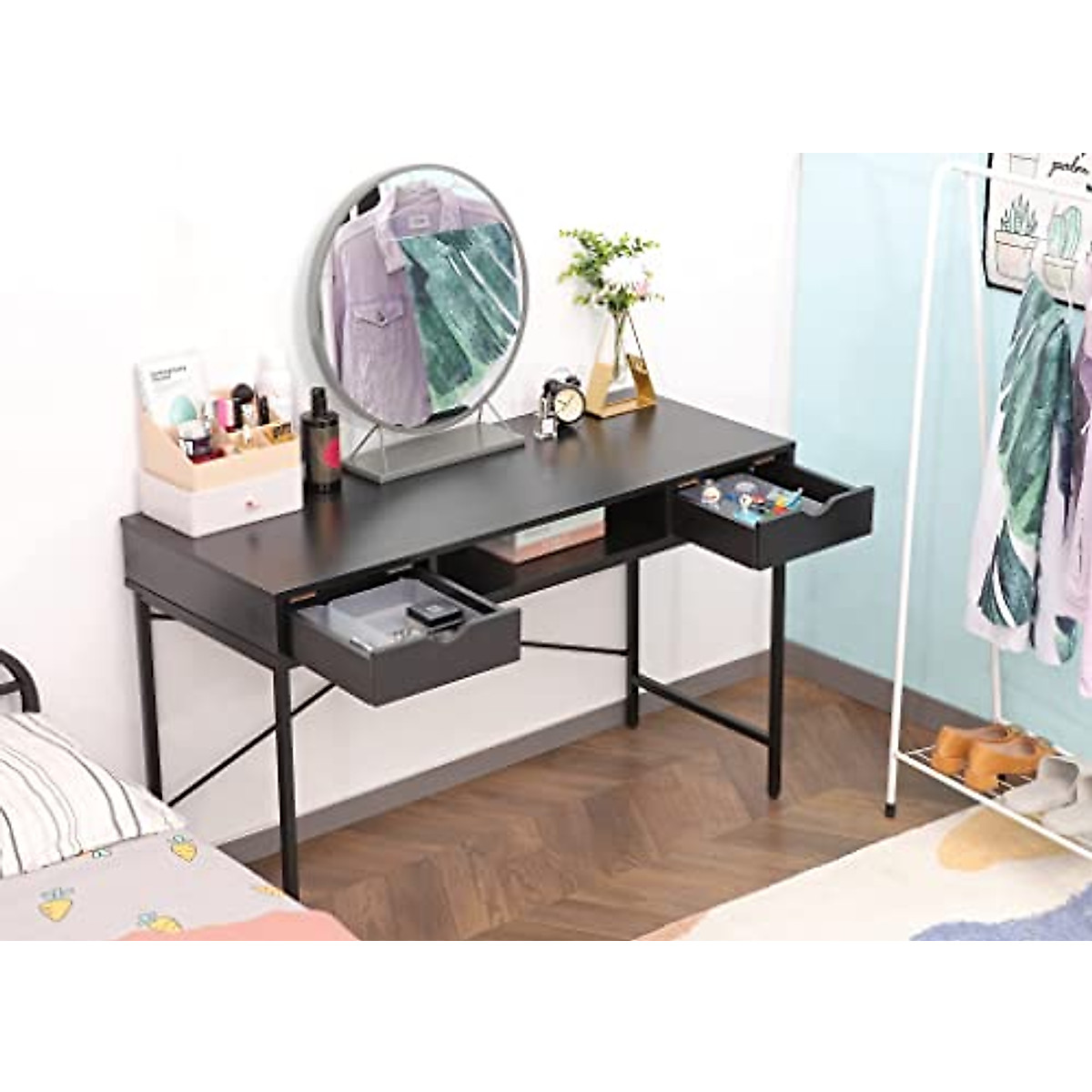 JJS 48' Writing Desk with Drawers, Contemporary Home Office Large Computer Laptop Workstation with Storage, Black