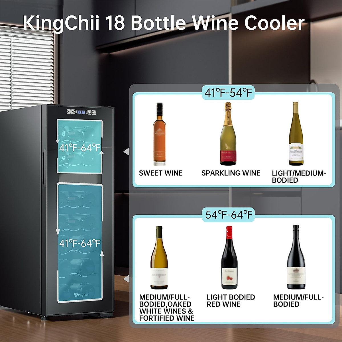 KingChii 18 Bottle Wine Cooler Refrigerator Dual Zone Wine Fridge - Intelligent Digital Control, Low Noise Professional Compressor, Freestanding for Home, Office, or Kitchen