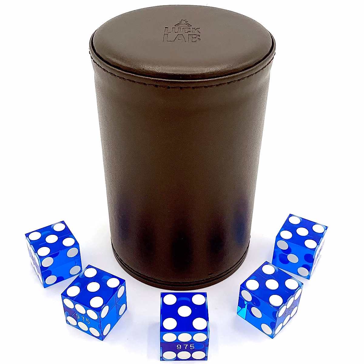 Luck Lab Black Leather Dice Stacking Cup with 5 Serialized Razor Edge 19 mm Casino Dice - Pro Straight Cup for Stacking and Magic Tricks (Blue Dice)