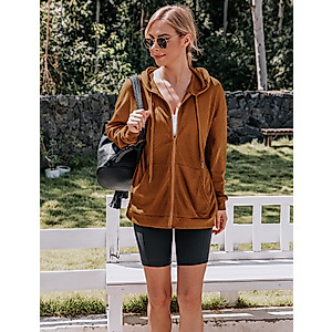 Cowasto Women Full Zip Up Hoodies Long Sleeve Casual Zipper Sweatshirt With Pocket Dark Brown