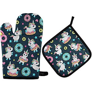 Oven Mitts Pot Holders Set, Donut Unicorn with Rainbow Tail Heat Resistant Waterproof Gloves with Soft Cotton Lining for Kitchen Cooking, Baking, Microwave, BBQ