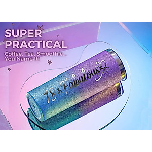 Onebttl 18th Birthday Gifts for Girls, Women, Her - 18 and Fabulous -20oz/590ml Stainless Steel Insulated Glitter Tumbler with Straw, Lid, Message Card - (Purple-Blue Gradient)