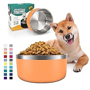 IKITCHEN Dog Bowl for Food and Water, 64 Oz Stainless Steel Pet Feeding Bowl, Durable Non-Skid Double Wall Insulated Heavy Duty with Rubber Bottom for Medium Large Dogs (64 Ounces/8 Cup, Orange)