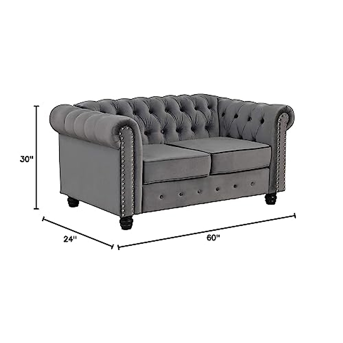 Morden Fort Classic Chesterfield Loveseat Set 60'', Tufted Loveseat Sofa Set with Solid Wood Legs Thick Cushion, Pet-Friendly 2-Seater Sofa Couch for Living Room Bedroom Apartment - Velvet Grey
