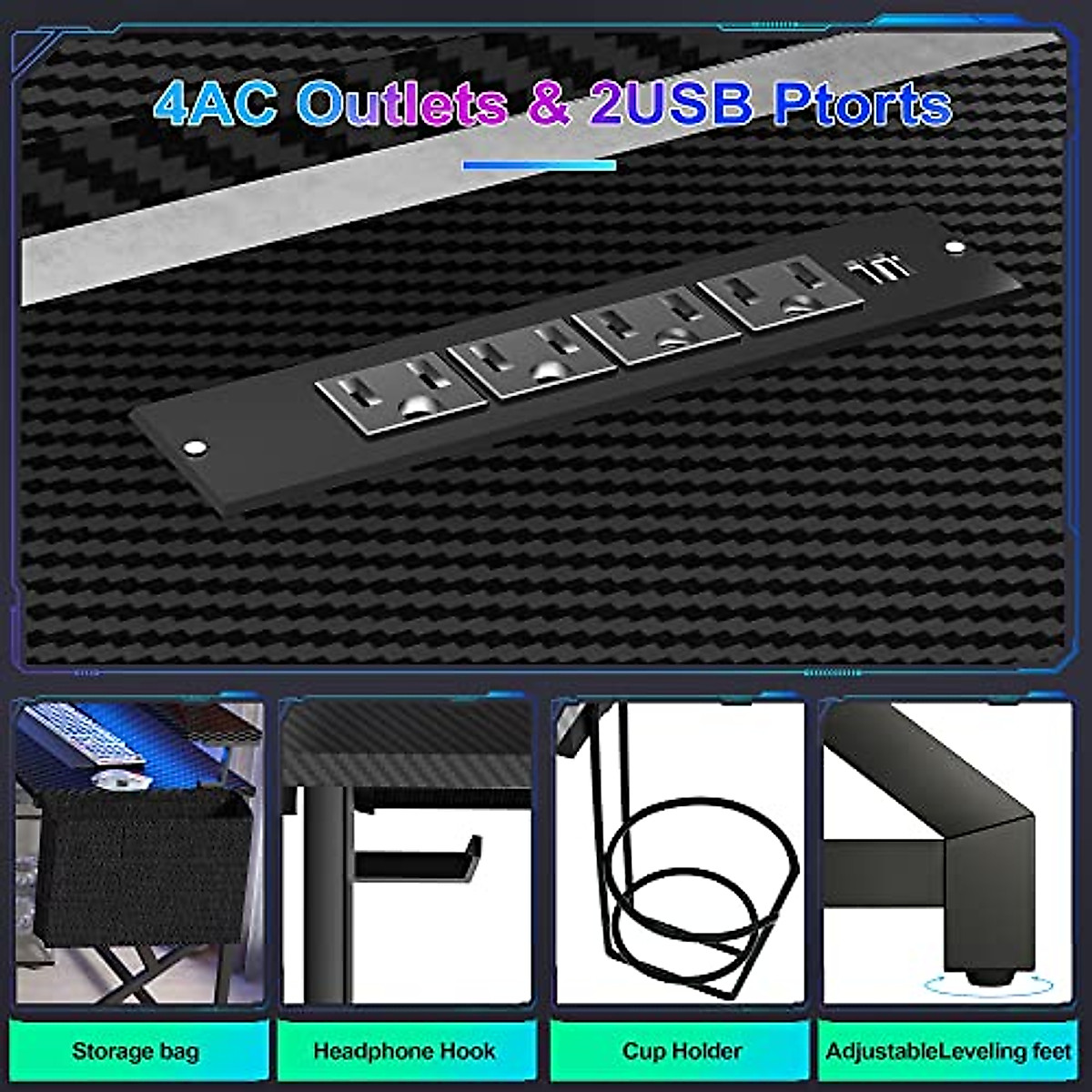 Wonder Comfort L Shaped 51 Inch Computer Desk with LED Lights，Corner Gaming Table Cup Holder Power Outlets/Monitor Stand for Home Office, Black