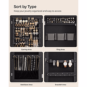 SONGMICS Mirror Jewelry Cabinet Armoire, Wall or Door Mounted Jewelry Storage, Hanging Lockable Frameless with 2 Plastic Cosmetic Organizers, Gift Idea, Black UJJC001B01