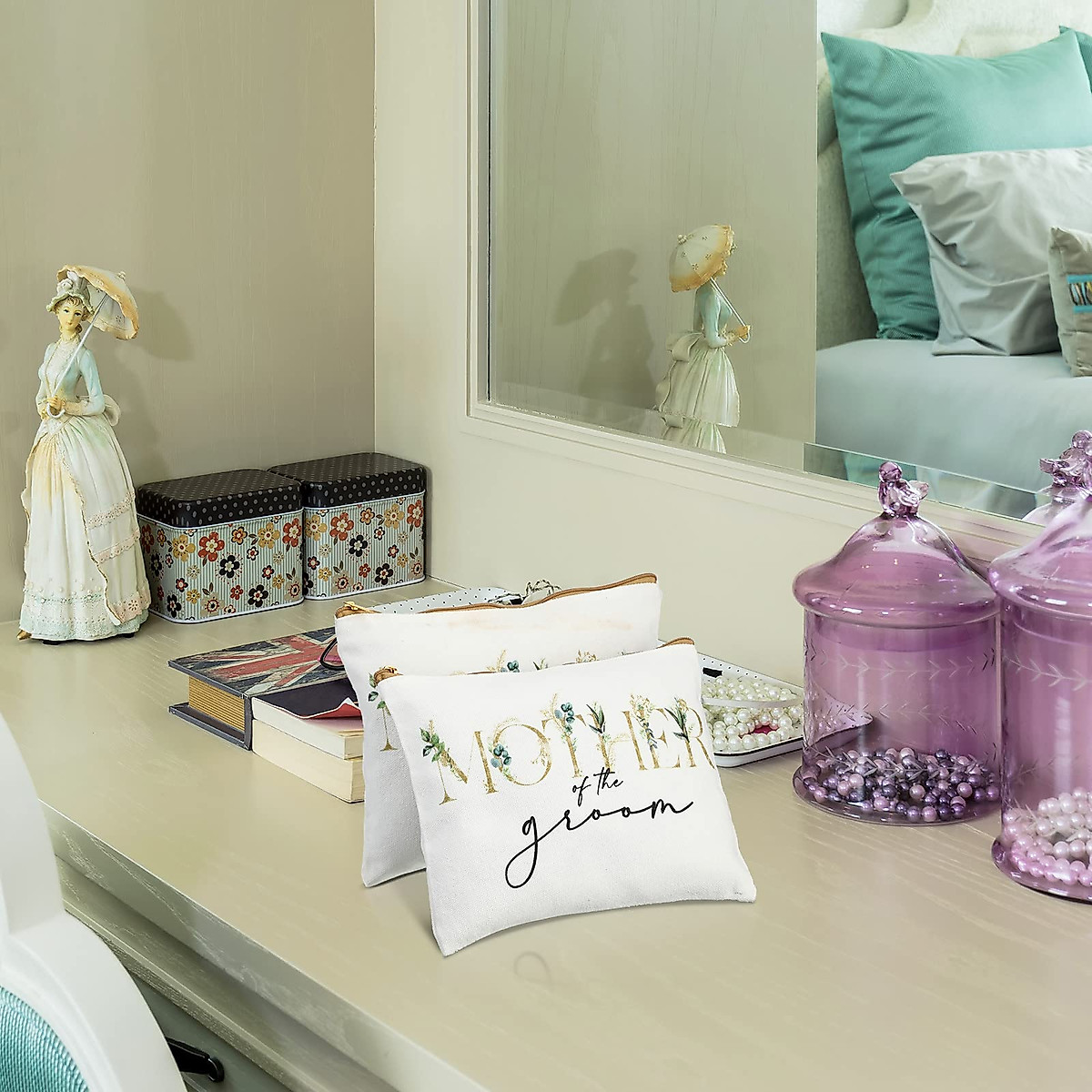 Reginary 2 Pieces Wedding Cosmetic Bags Mother of The Bride Makeup Bag Mother of Groom Canvas Bag Floral Initial Print Cosmetic Bag for Mom Mother in Law Wedding Engagement Gift (Leaf)