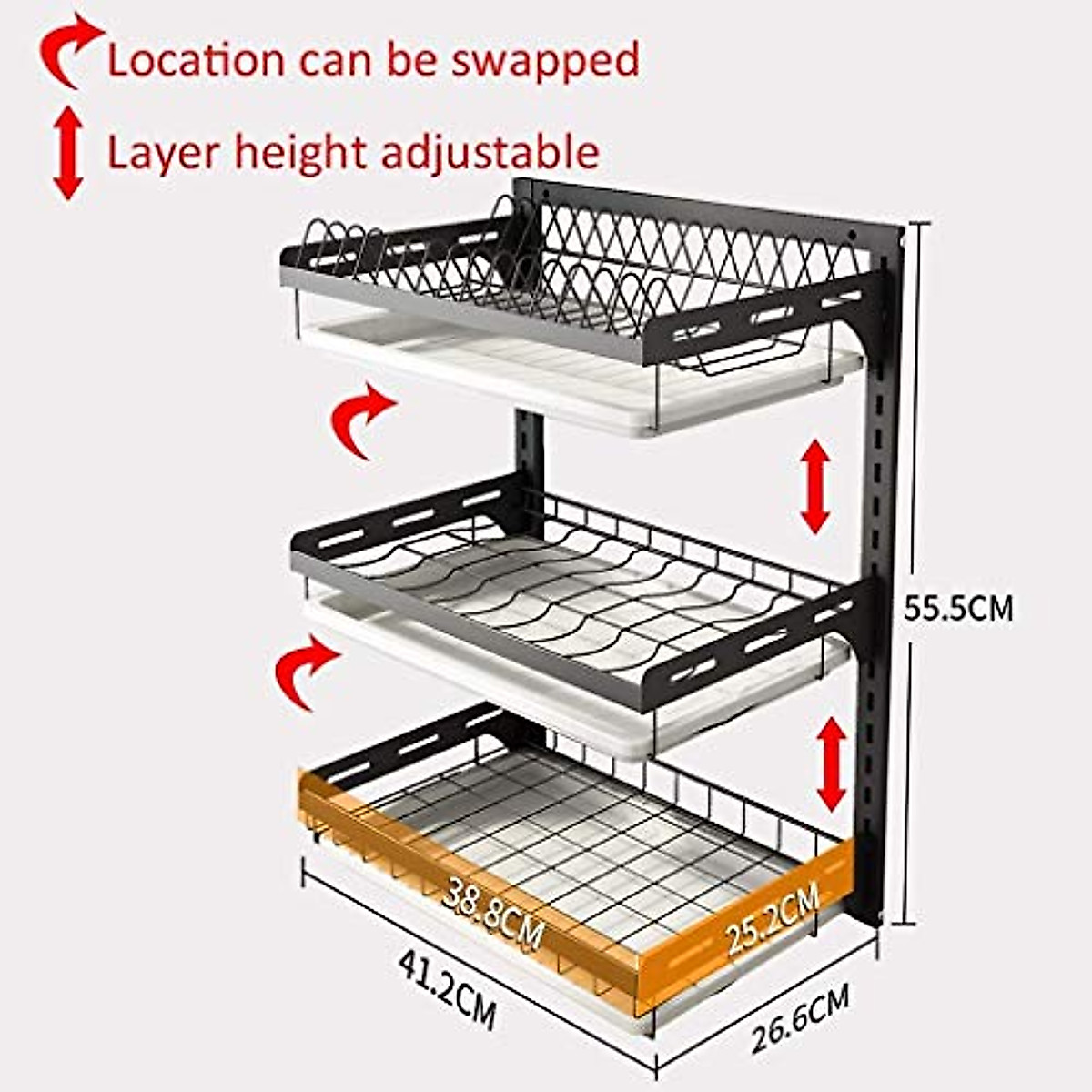 FEHUN Sinks,3-Layer 201 Stainless Steel Kitchen Wall-Mounted Dish Rack Drain Rack with Chopsticks Cage,Kitchen Cutting Board Rack