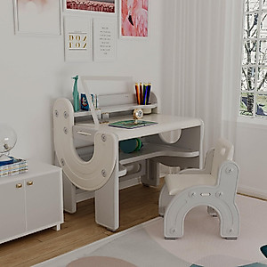 hoopyosms Kids Drawing Table and Chair Set with Erasable Tabletop & Watercolor Pens Toddler Furniture with Storage Shelf for Art, Reading & Play for Boys & Girls, Grey