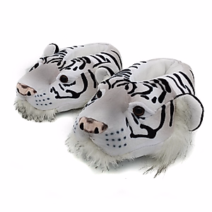 Onmygogo Fuzzy Winter Animal Tiger Slippers for Men Women Adult and Kids, Novelty slippers for Halloween Christmas(7-9, white tiger)