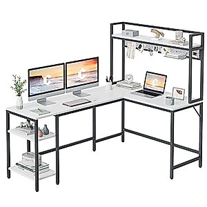 CubiCubi L Shaped Desk with Hutch, 66" Corner Computer Desk with Drawer,Home Office Gaming Table Workstation with Storage Bookshelf, White