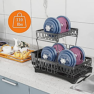 GILLAS Dish Drying Rack, 2 Tier Dish Racks for Kitchen Counter, Kitchen Organization with Large Capacity Dish Drainers & Drainboard, Dish Rack with Utensils & Glass Holder, Black