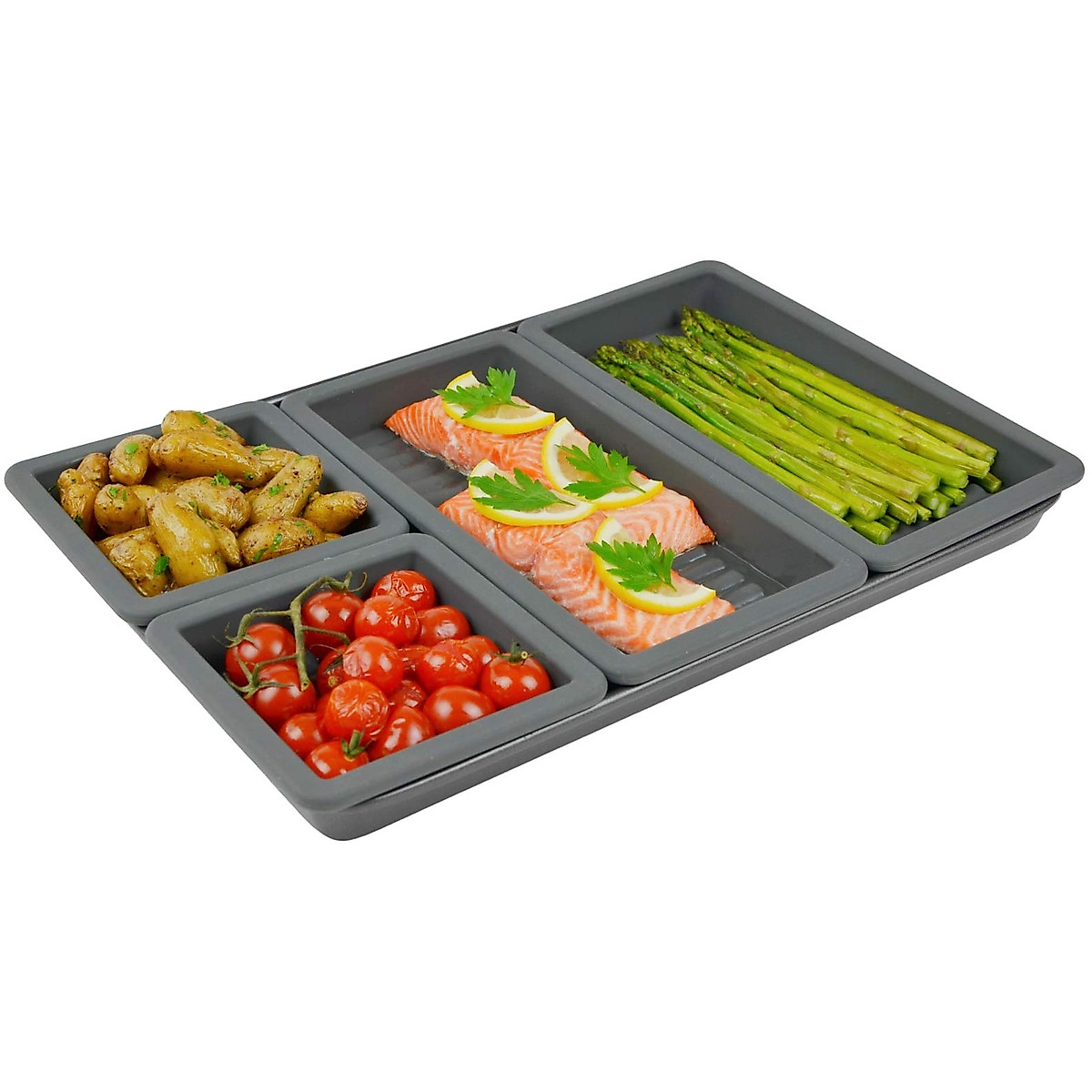Gear Gurus Baking Pan Dividers - Silicone Baking Trays, Sheet Pan Cooking, Nonstick 4 Piece Set, Reinforced Rims, Ribbed Bottoms, Oven Dishwasher Safe